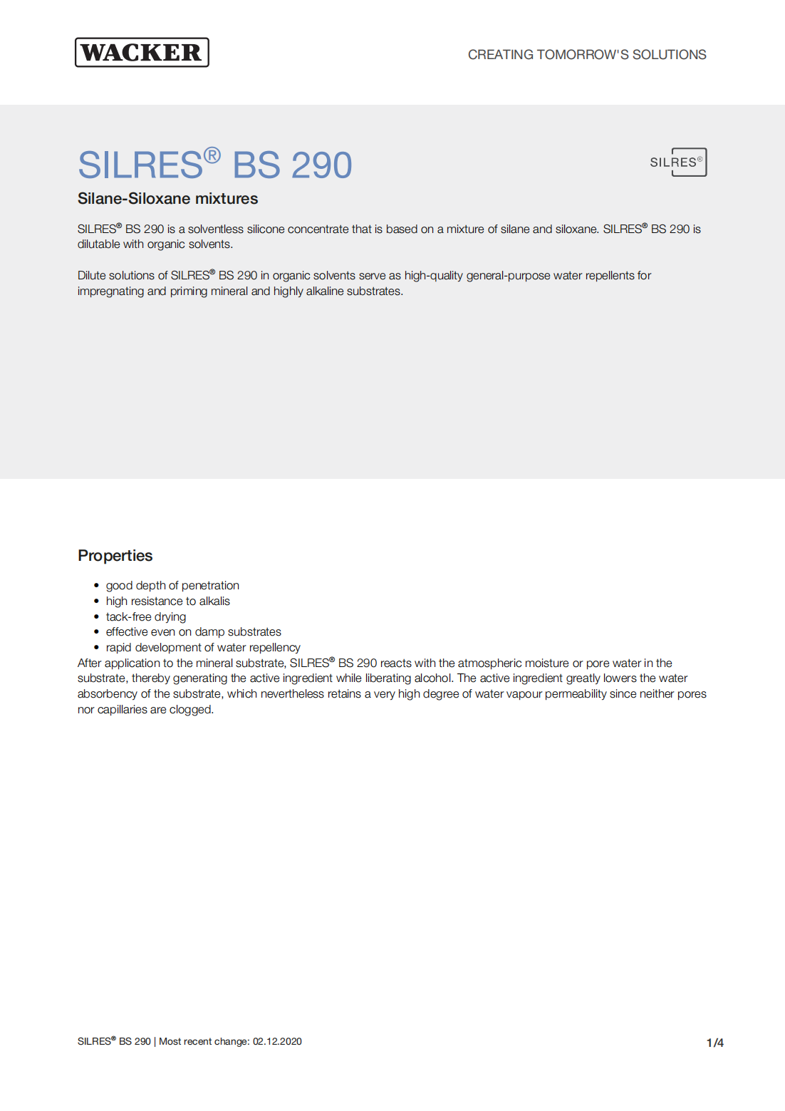 SILRES® BS 290 混凝土外用有机硅_南京磬海商贸有限公司